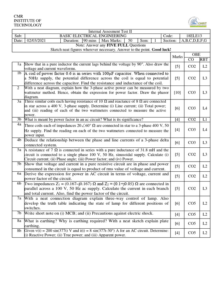 IAT-II Question Paper With Solution of 18ELE13 Basic Electrical ...