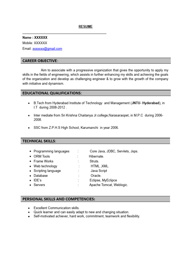 Java Fresher Resume Example | PDF | Software | Computer Programming