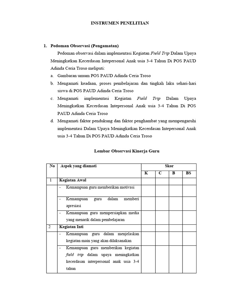 INSTRUMEN PENELITIAN Skripsi Amalia | PDF