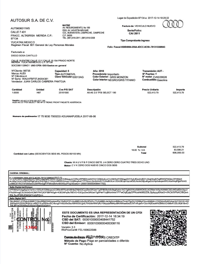 Factura Original Audi 2018 | PDF