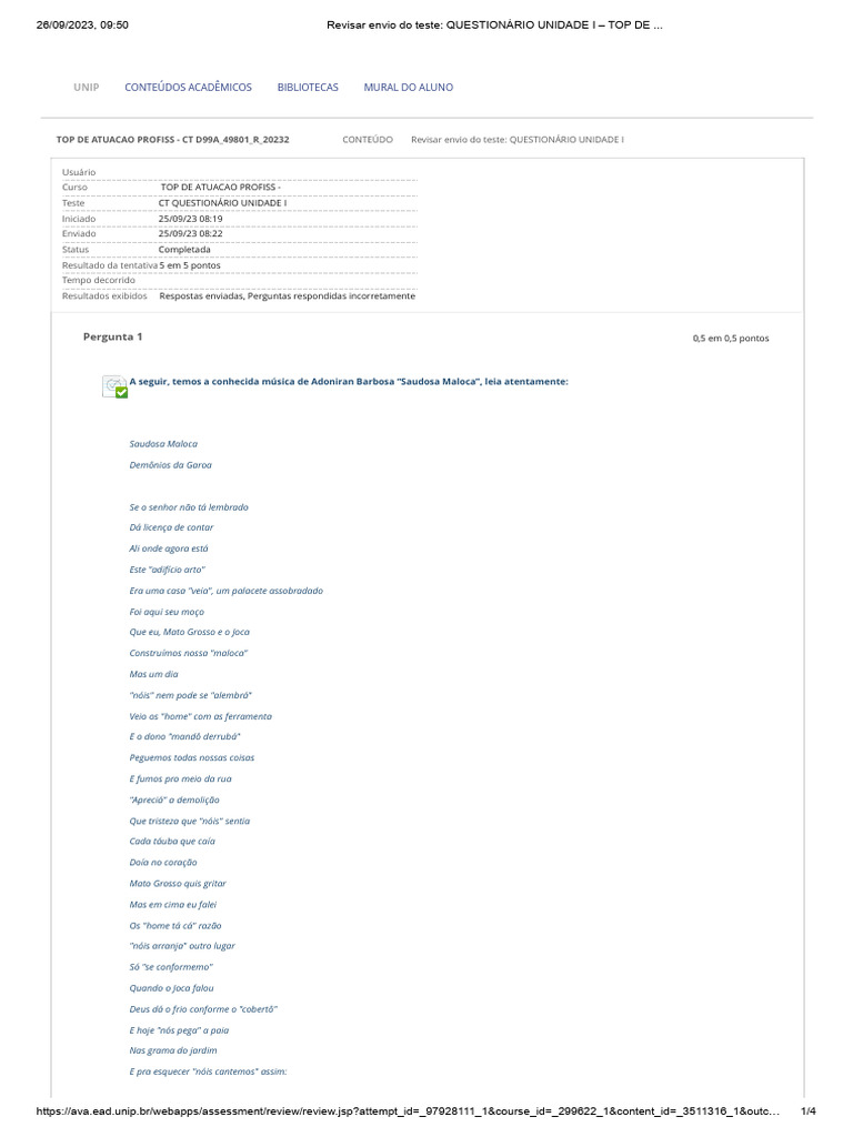Top de Atuacao Profiss - Questionário Unidade I | PDF