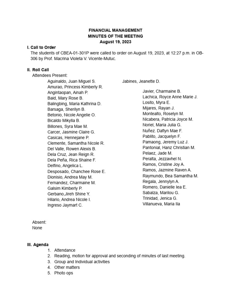 Financial Management Meeting Minutes | PDF