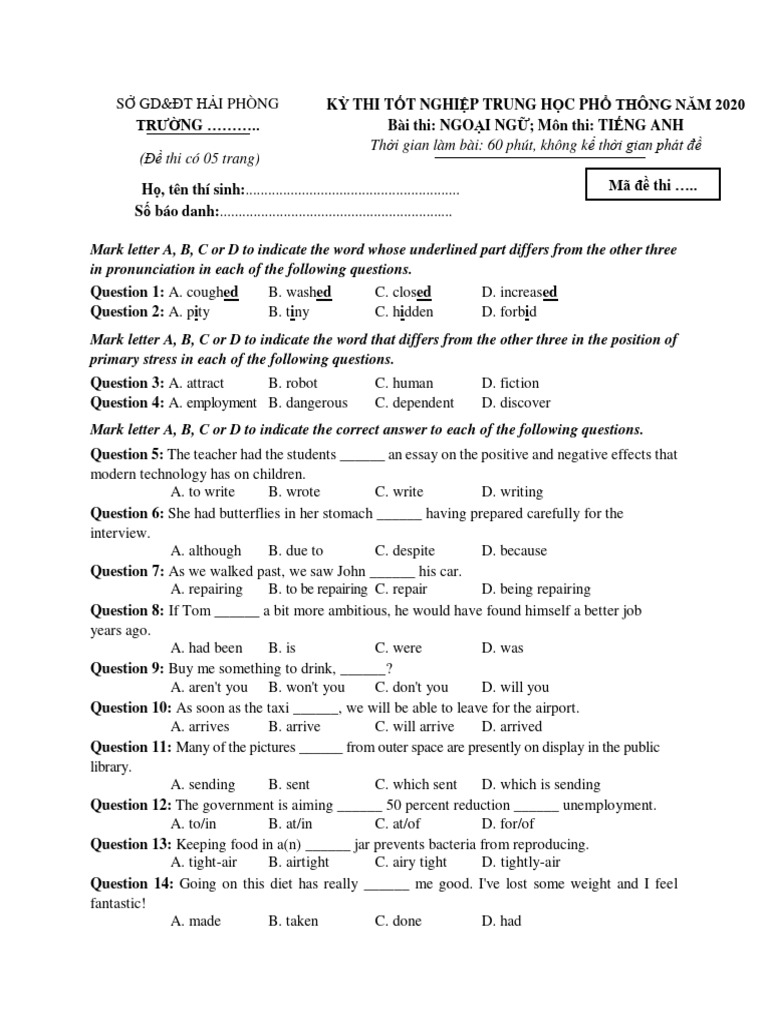 Đề Luyện Thi THPT Quốc Gia Tỉnh Hải Phòng | PDF