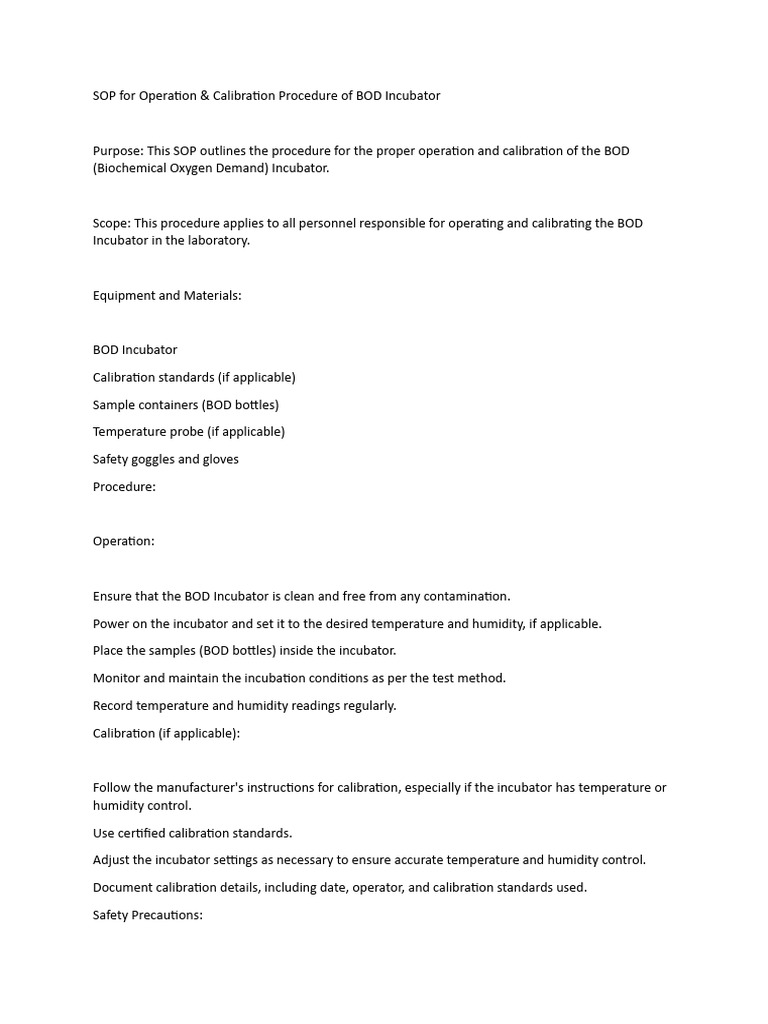 Sop For Operation & Calibration Procedure of Bod Incubator | PDF
