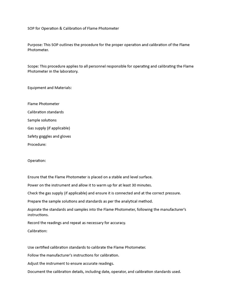 Sop For Operation & Calibration of Flame Photometer | PDF