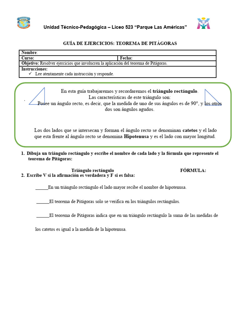 Guía de Aplicación - Teorema de Pitágoras - Fernanda Avello | PDF ...