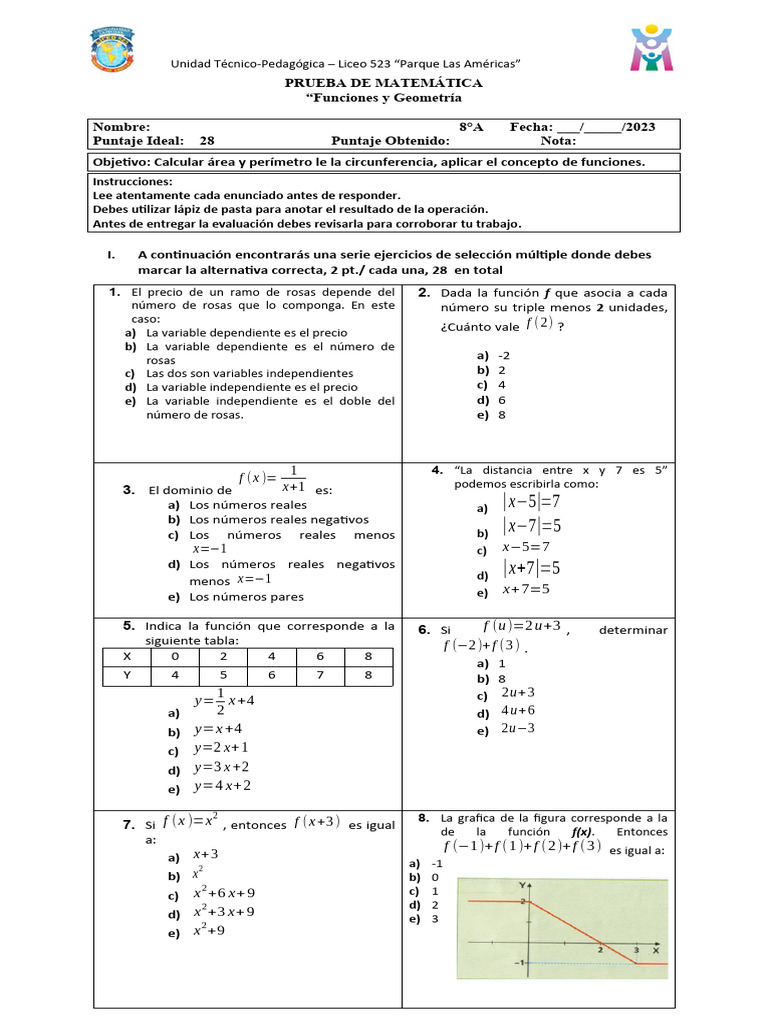 Prueba Matemática Agosto 8° Básico | PDF | Función (Matemáticas) | Variable (Matemáticas)