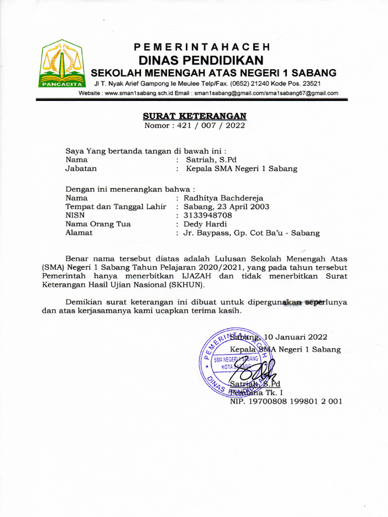 Surat Keterangan Lulus SMA | PDF