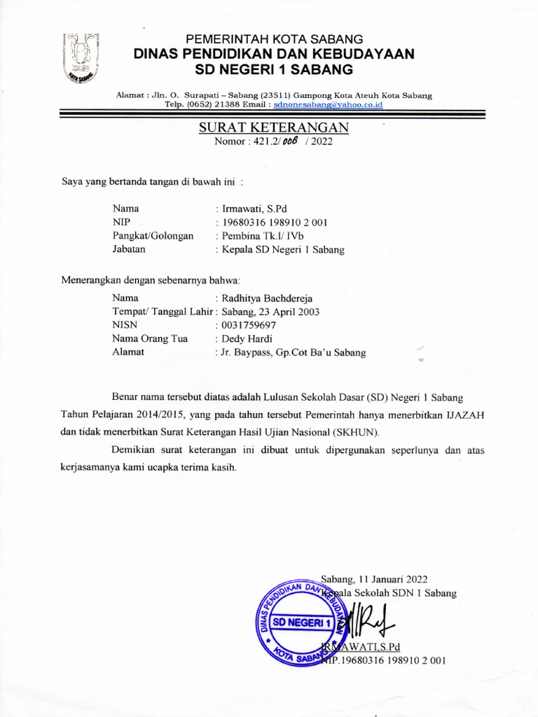 Surat Keterangan Lulus SD | PDF