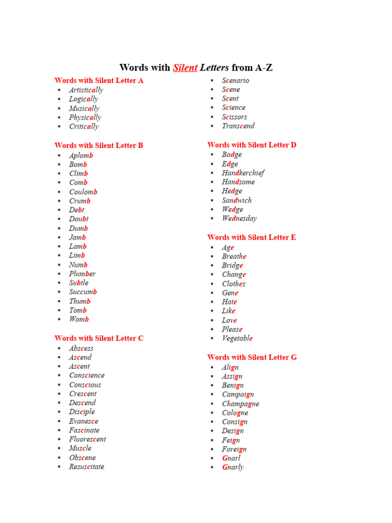 A-Z List of Silent Letter Words | PDF