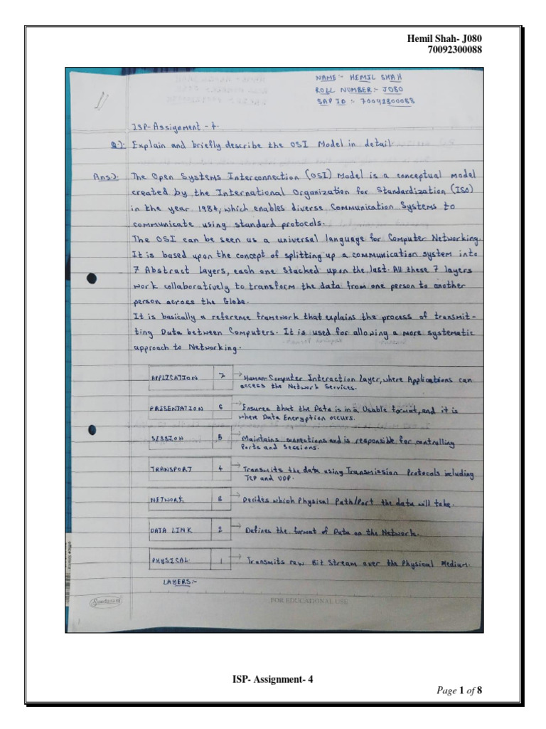J080 ISP Assignment-4 OSI-Model Hemil-Shah | PDF | Finance & Money Management