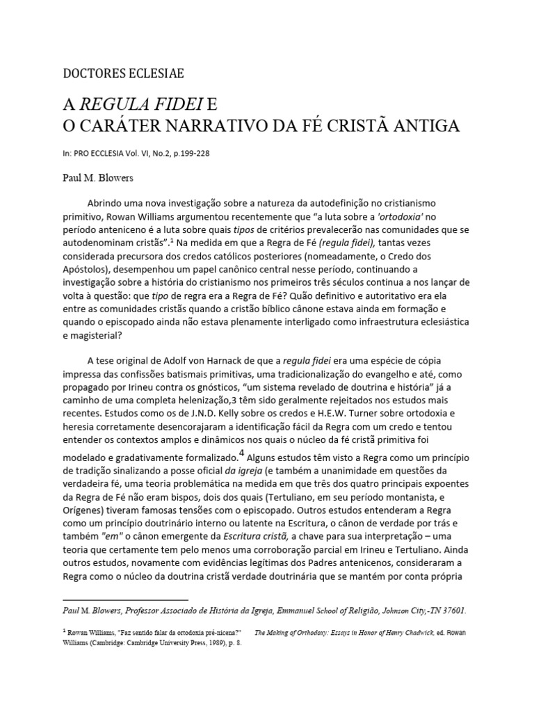 Regula Fidei: A E O Caráter Narrativo Da Fé Cristã Antiga | PDF ...
