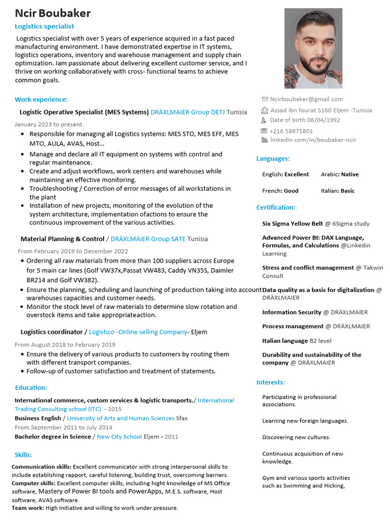 Ncir Boubaker CV 2023 Eng | PDF | Logistics | Supply Chain