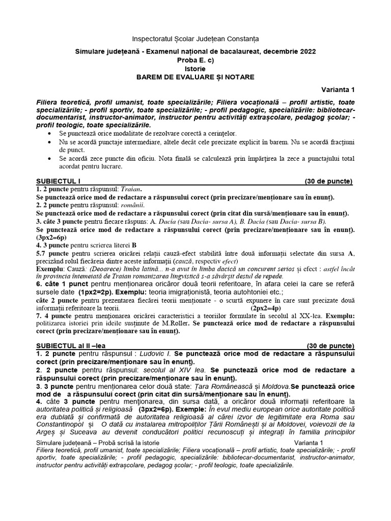 Bac: Istorie (Simulare) Constanta (Barem) Varianta-1-1 2023 | PDF