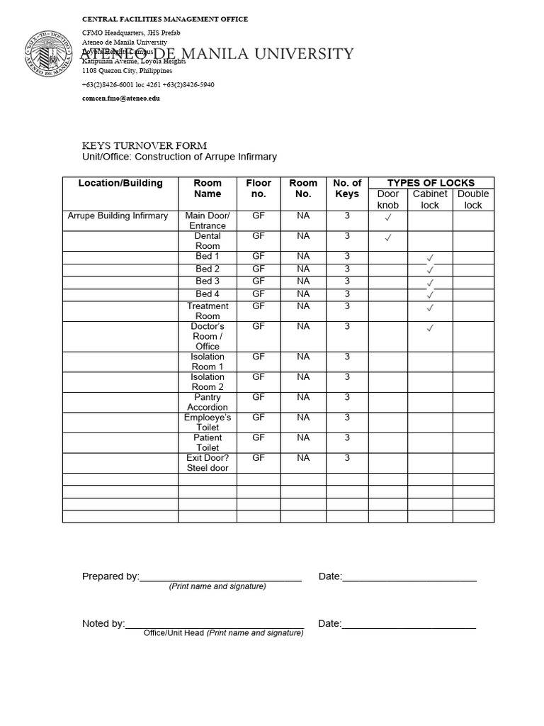 Keys Turnover Form for Infirmary | PDF | Buildings And Structures