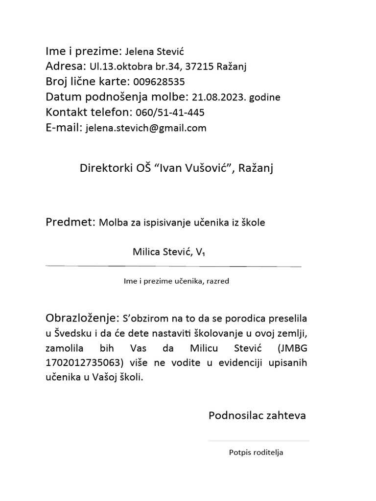 Molba Za Ispisivanje Iz Skole | PDF