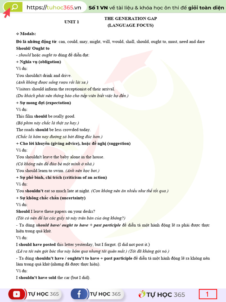 TỔNG HỢP KIẾN THỨC Unit 1 Generation Gap | PDF