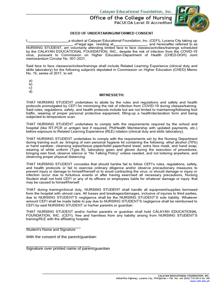 BSN Deed of Undertaking | PDF | Nursing | Legal Liability