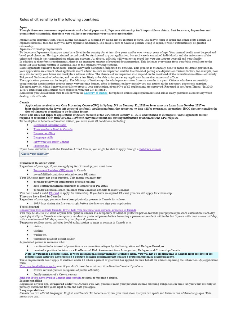 Rules of Citizenship in The Following Countries | PDF | Naturalization ...