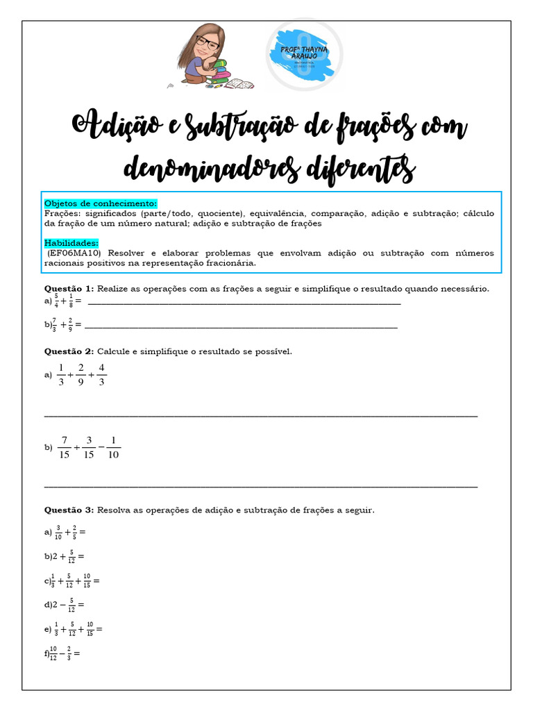 Adição e Subtração de Frações Com Denominadores Diferentes I | PDF
