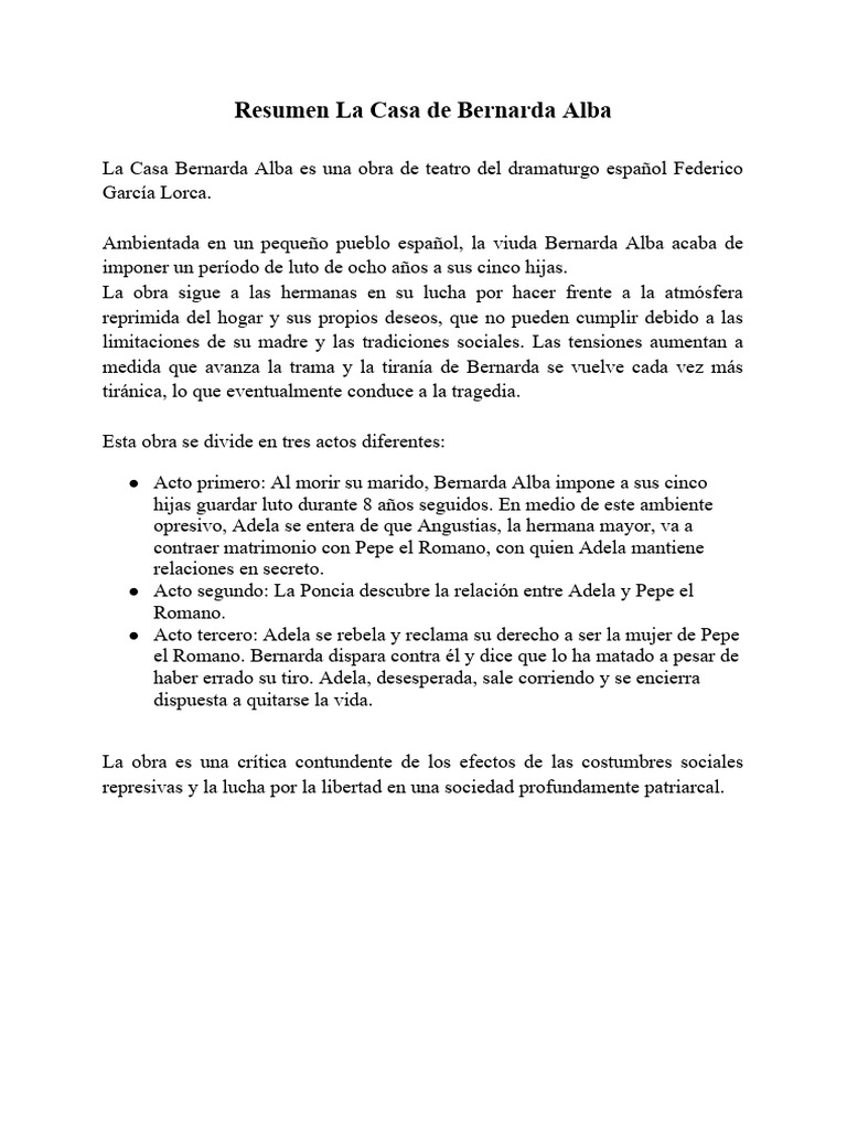 Resumen La Casa de Bernarda Alba | PDF