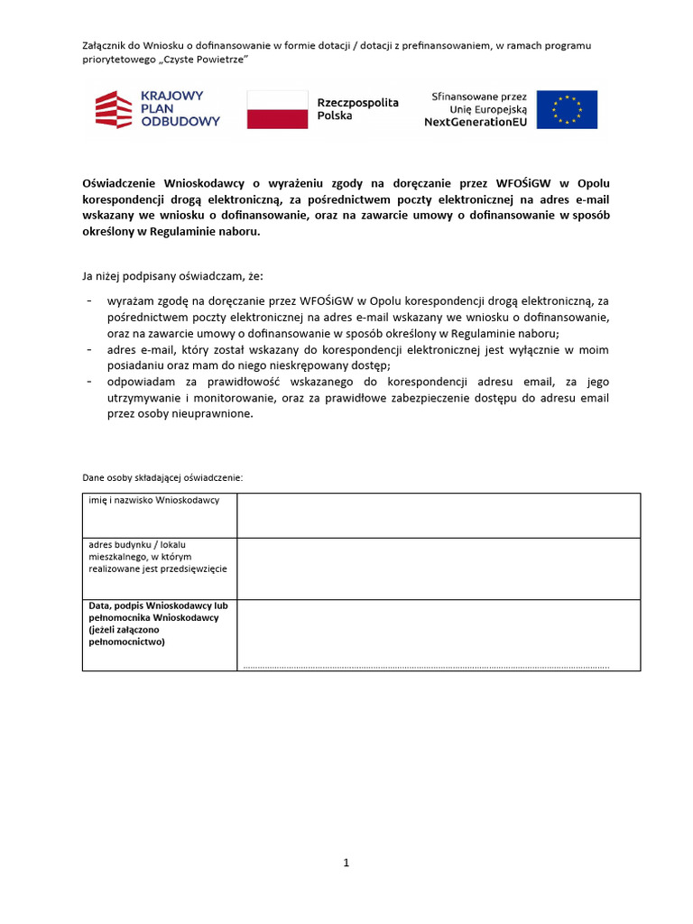 Wzór Oświadczenia Wnioskodawcy o | PDF