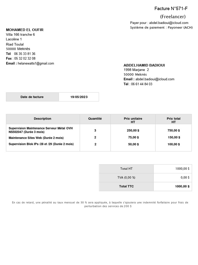 Facture de services informatiques 1000$ | PDF