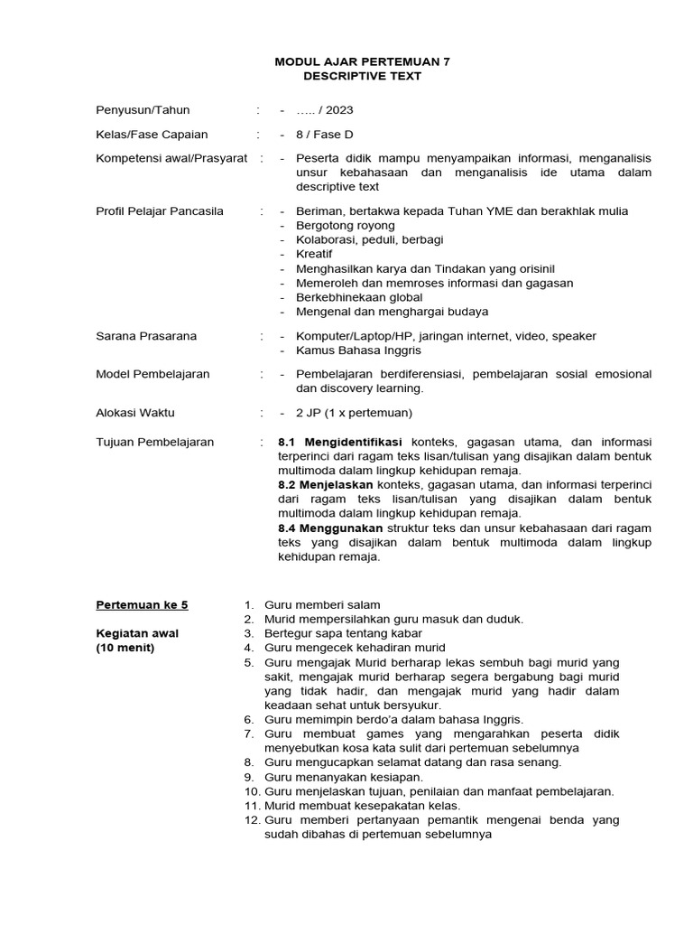 RPP 8 Materi 7 Descriptive Text | PDF