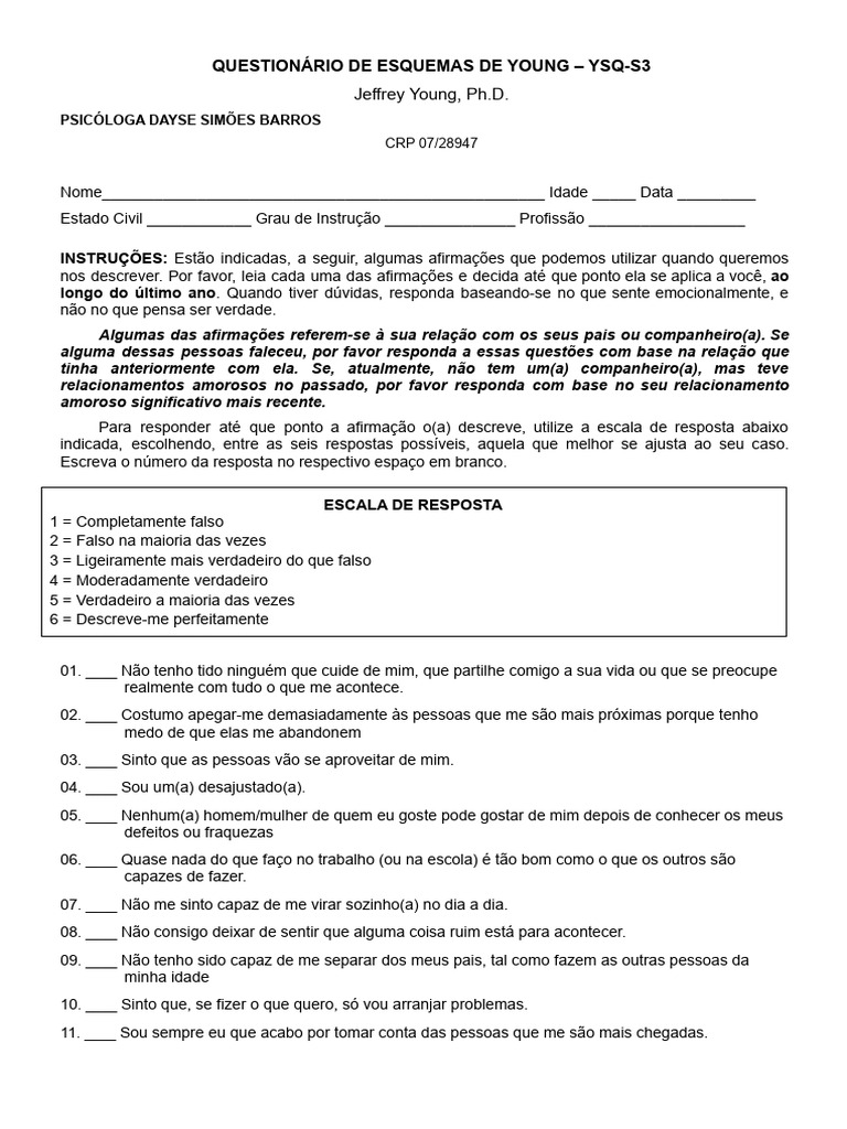 Questionário de Esquemas YSQ-S3 (Sem Crivo) | PDF | Amor | Psicologia