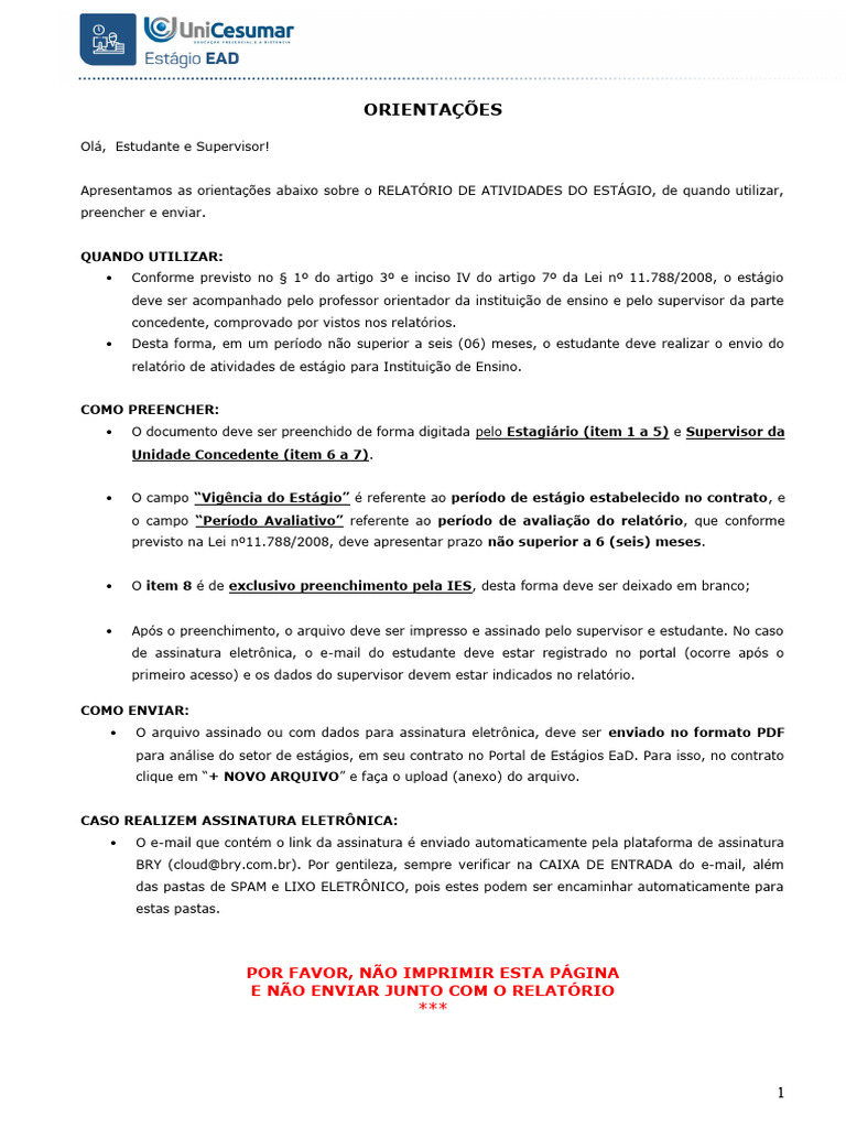 Modelo de Relatório Unicesumar - Estudante e Supervisor | PDF | Aprendizado