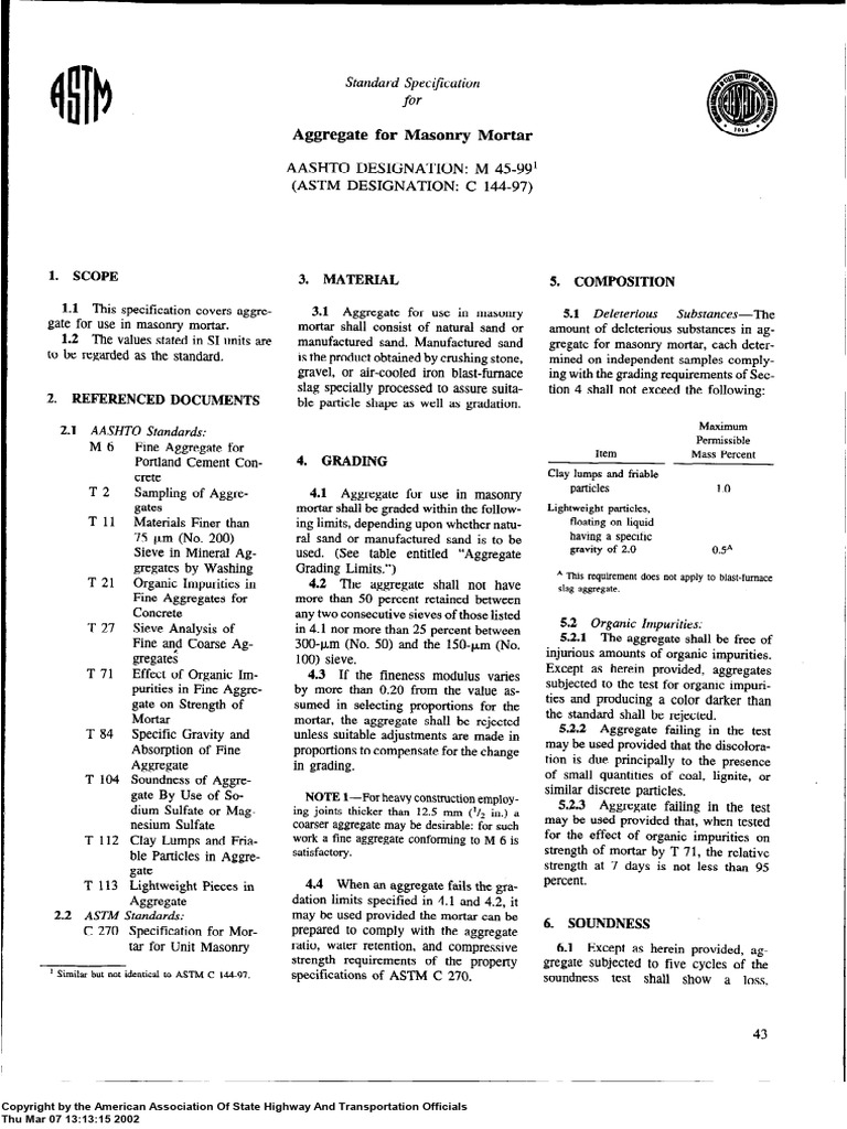AASHTO M 45 Specification Fine Aggregate For Masonry Mortar | PDF