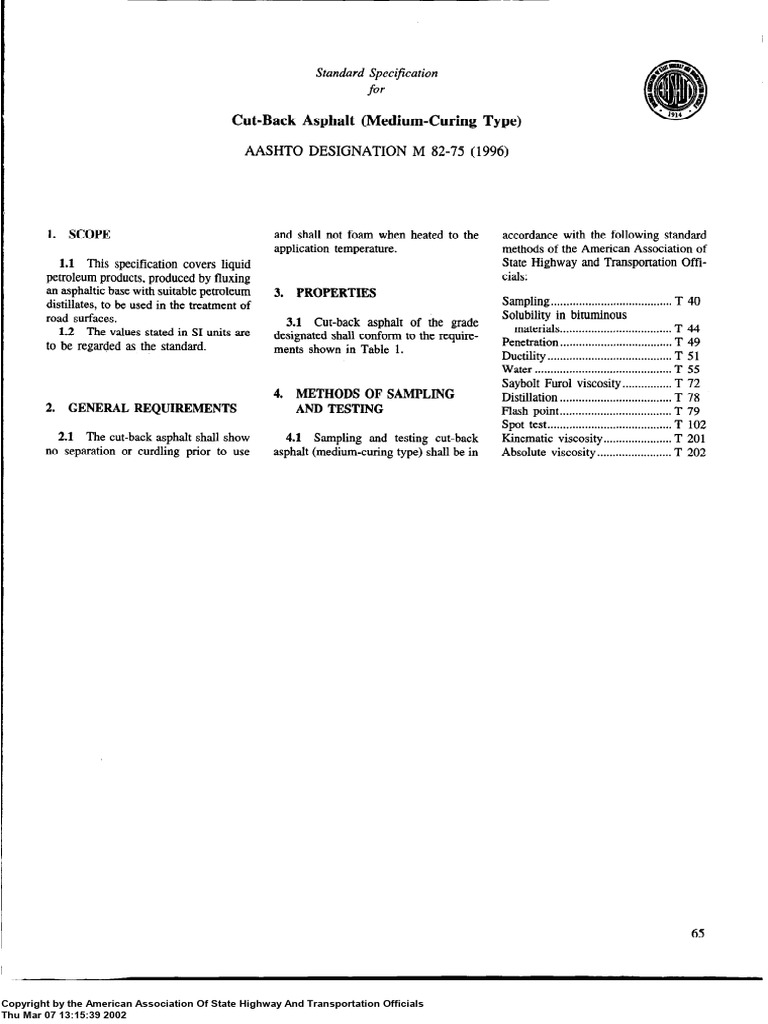 AASHTO M 82 Specification Cut-Back Asphalt (Medium Curing) | PDF