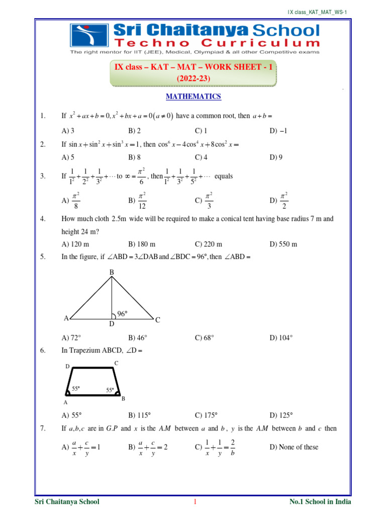 IX Class - KAT - MAT - WS-1 - QP | PDF | Mathematical Analysis | Mathematical Concepts