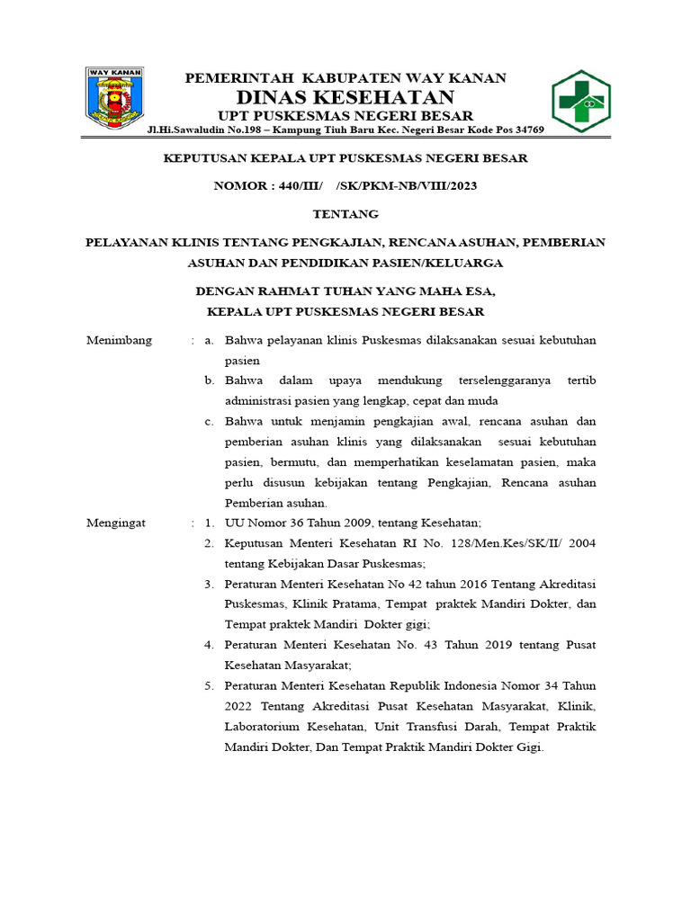 SK Pelayanan Klinis Tentang Pengkajian, Rencana Asuhan, Pemberian Asuhan | PDF | Kesehatan ...