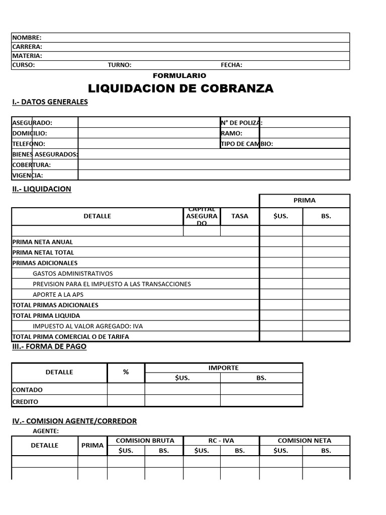 Formulario de Liquidacion de Cobranza-Seguros | PDF