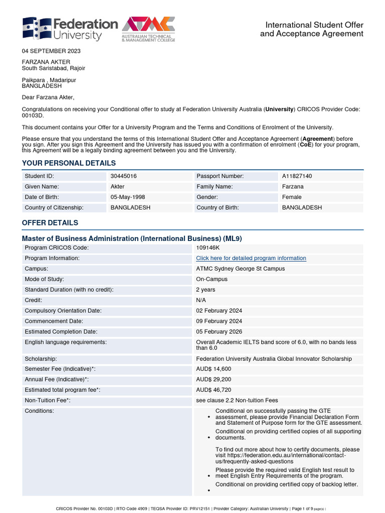 Federation University. Offer Letter PDF | PDF