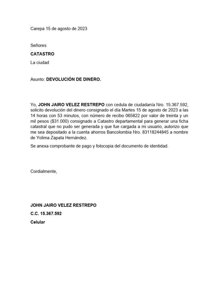 Carta Devolución de Dinero Catastro | PDF | Ciencias sociales