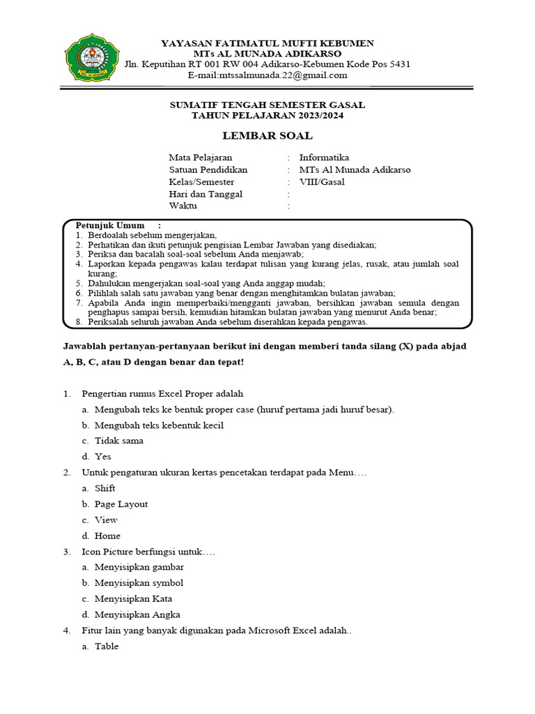 SOAL PTS INFORMATIKA | PDF