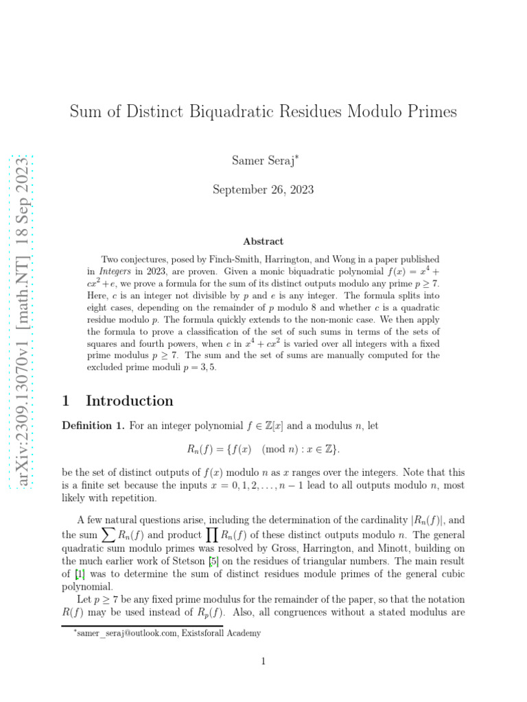 Sum of Distinct Biquadratic Residues Modulo Primes | PDF | Prime Number | Polynomial