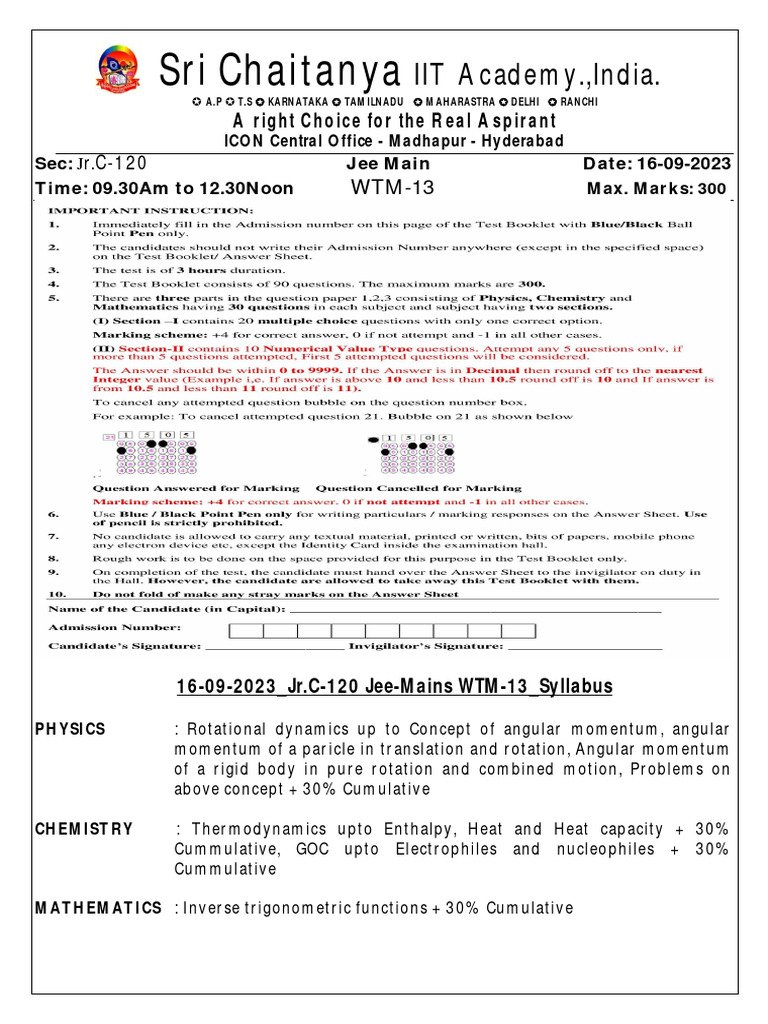16-09-2023 - JR C 120 - Jee-Mains - WTM-13 - Q Paper | PDF | Rotation Around A Fixed Axis | Force