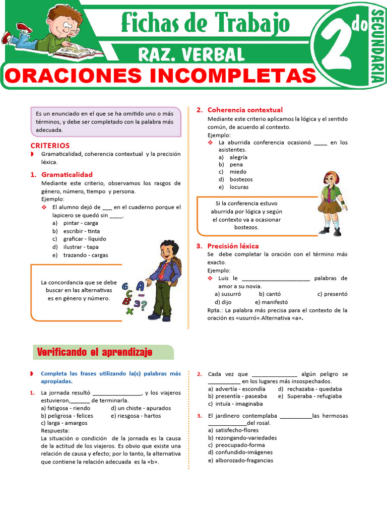 Ejercicios de Oraciones Incompletas para Segundo Grado de Secundaria | PDF