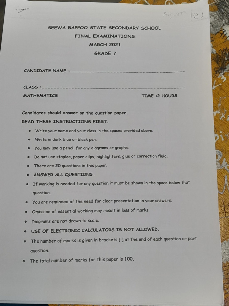 Maths G7 2021 Exam Paper | PDF