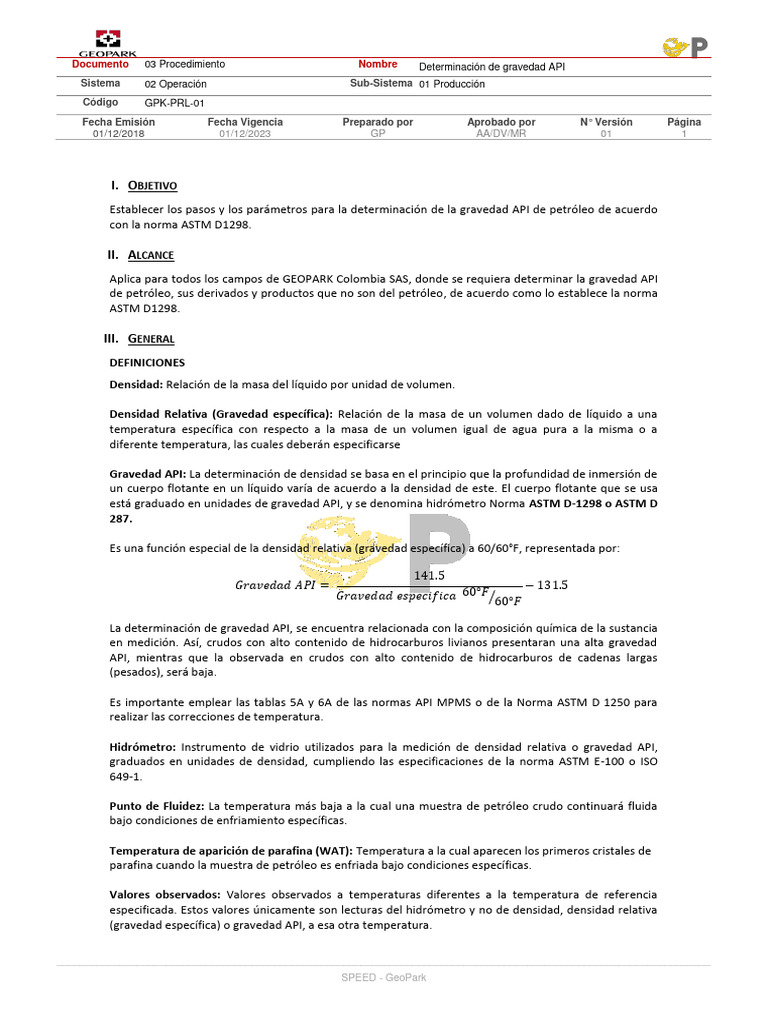 Procedimiento Gravedad API ASTM D1298 | PDF | Densidad | Temperatura