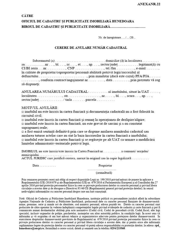 Anexa 22 Cerere Anulare Numar Cadastral 1 | PDF