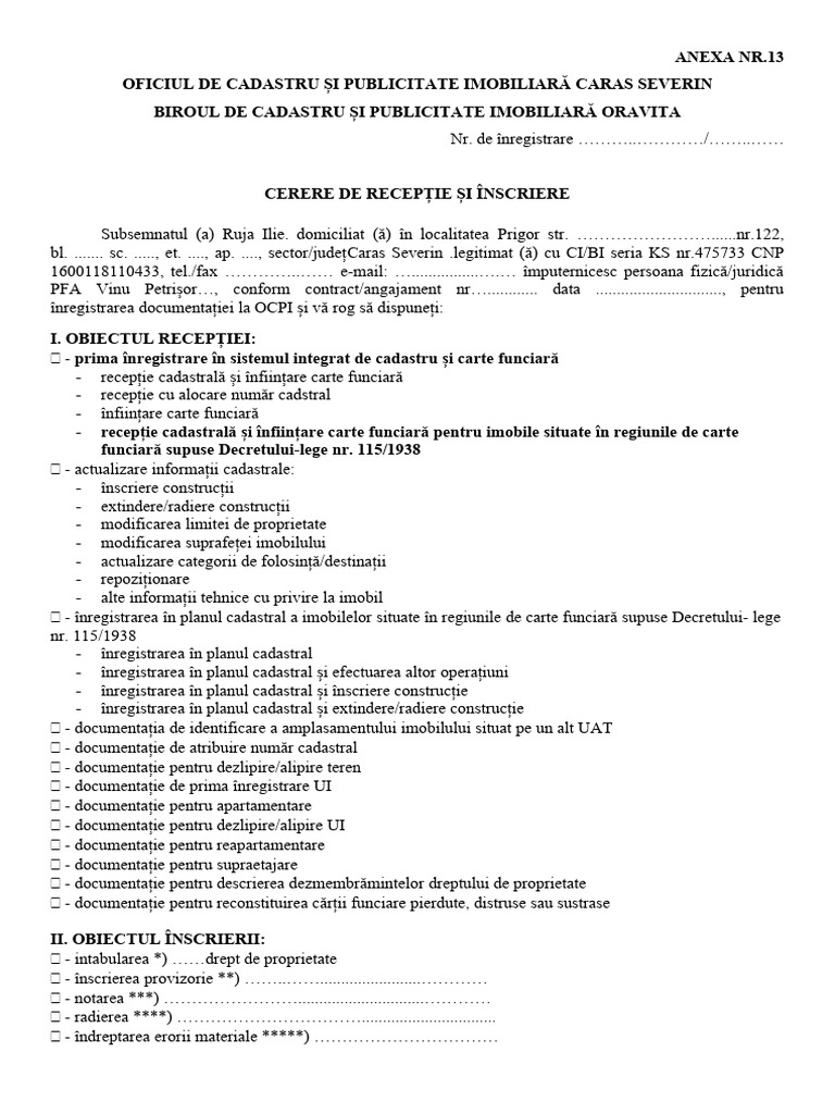 Anexa 13 Cerere de Receptie Si Inscriere Modificat | PDF