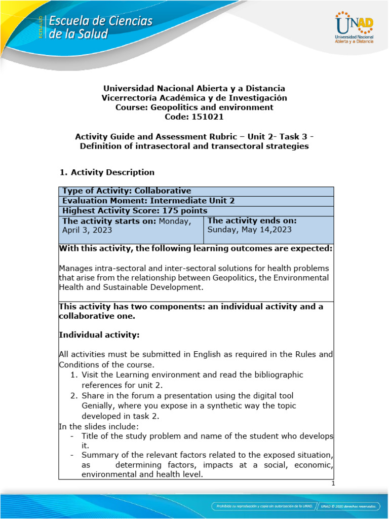 Activity Guide and Assessment Rubric - Unit 2 - Task 3 - Definition of Intrasectoral and ...