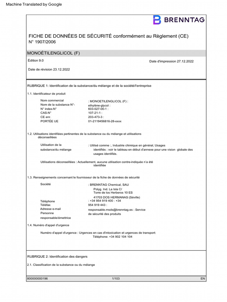 SDS. Fiche de Données de Sécurité MEG Brenntag | PDF