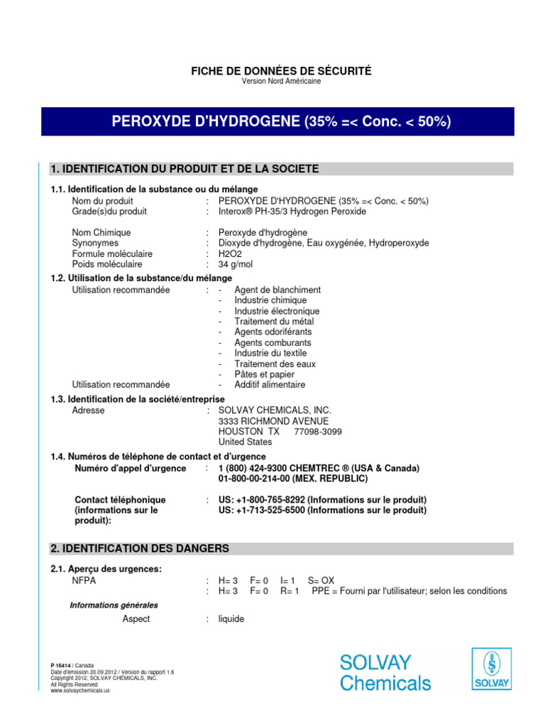 SDS. Peroxyde d'Hydrogène | PDF