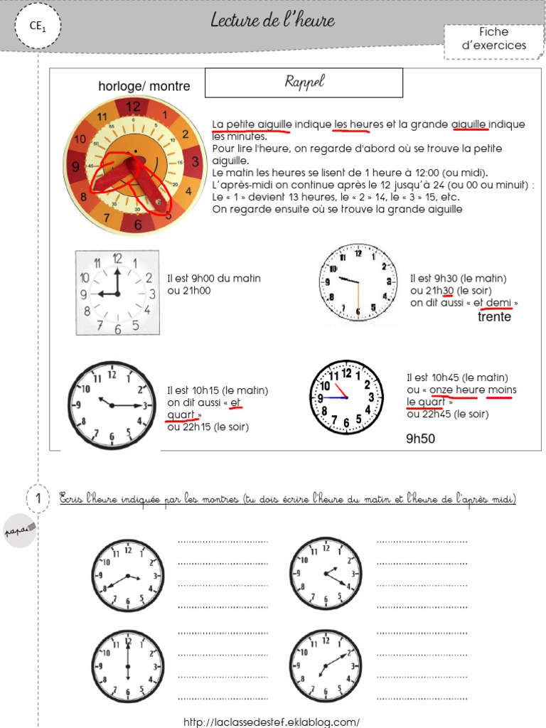 Lecture de l'heure CE1 : Fiche d'exercices | PDF