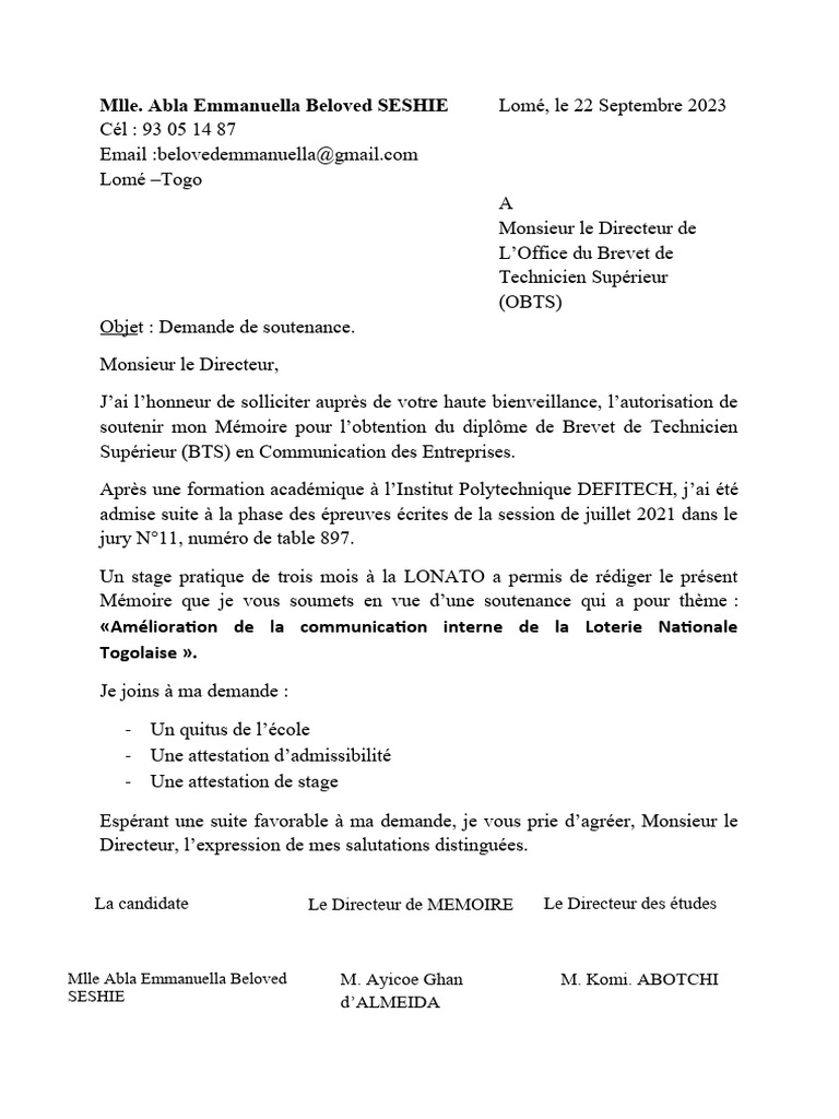 Lettre de Demande de Soutenance | PDF